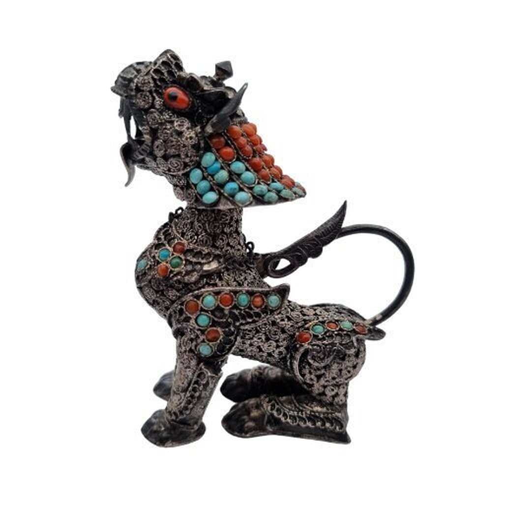 Vintage Silver Filigree, Nepal Fu Foo Dog Lion Inlaid With Coral and ...
