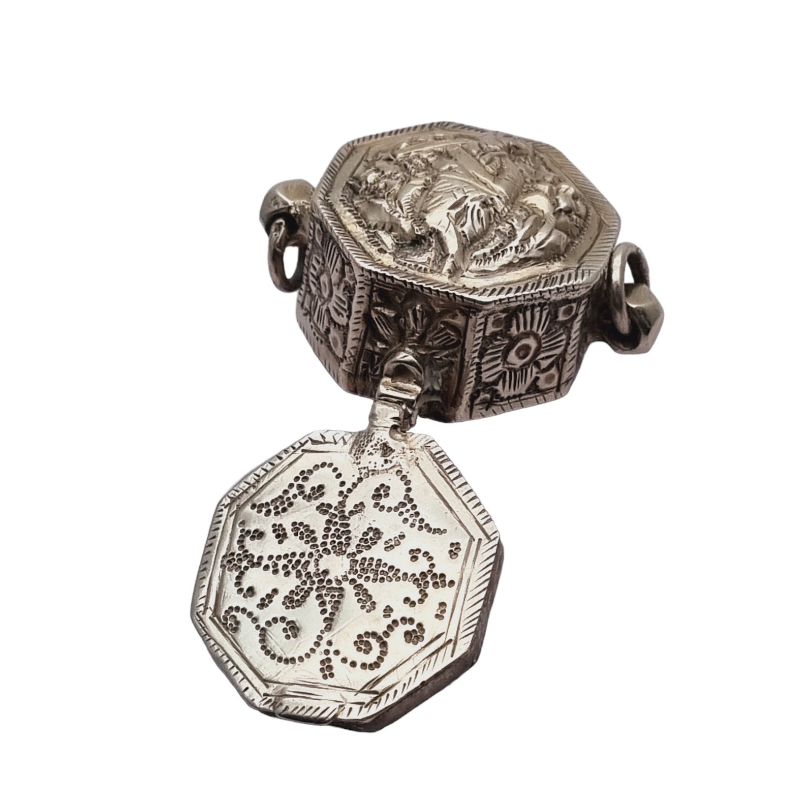 Octagonal Talismanic Amulet in Solid Silver, Embossed, Ethnic Style and ...