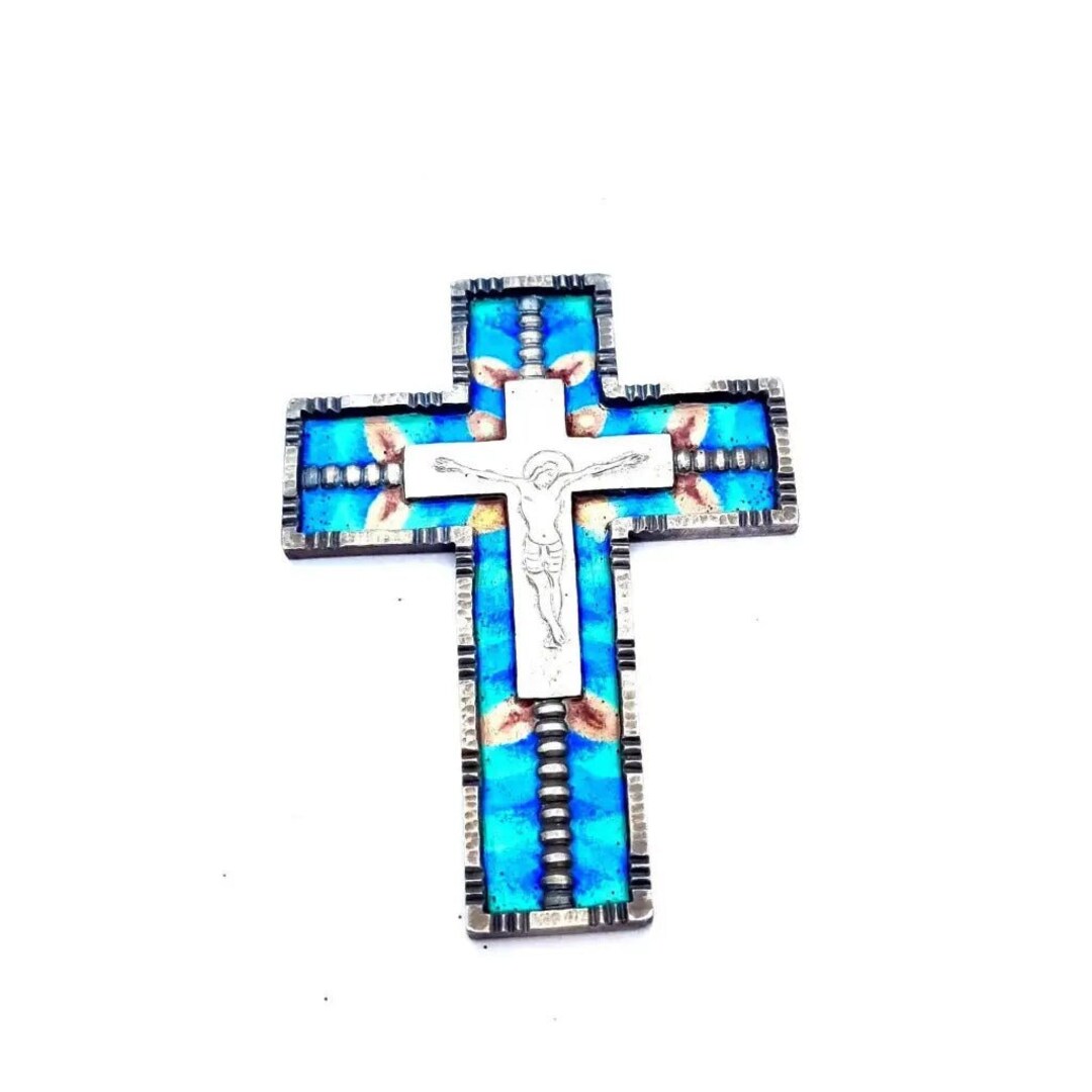 Silver Cross, Cross Pendant, Blue Enamel Cross, Enamel Jewelry ...