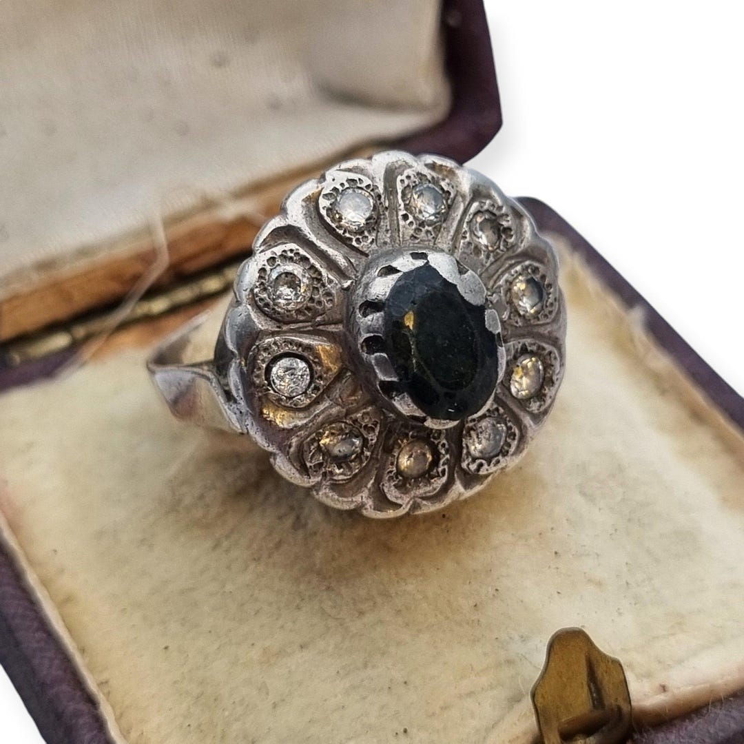 Victorian Silver Rosette Ring, Green and White Stones for Collectors ...