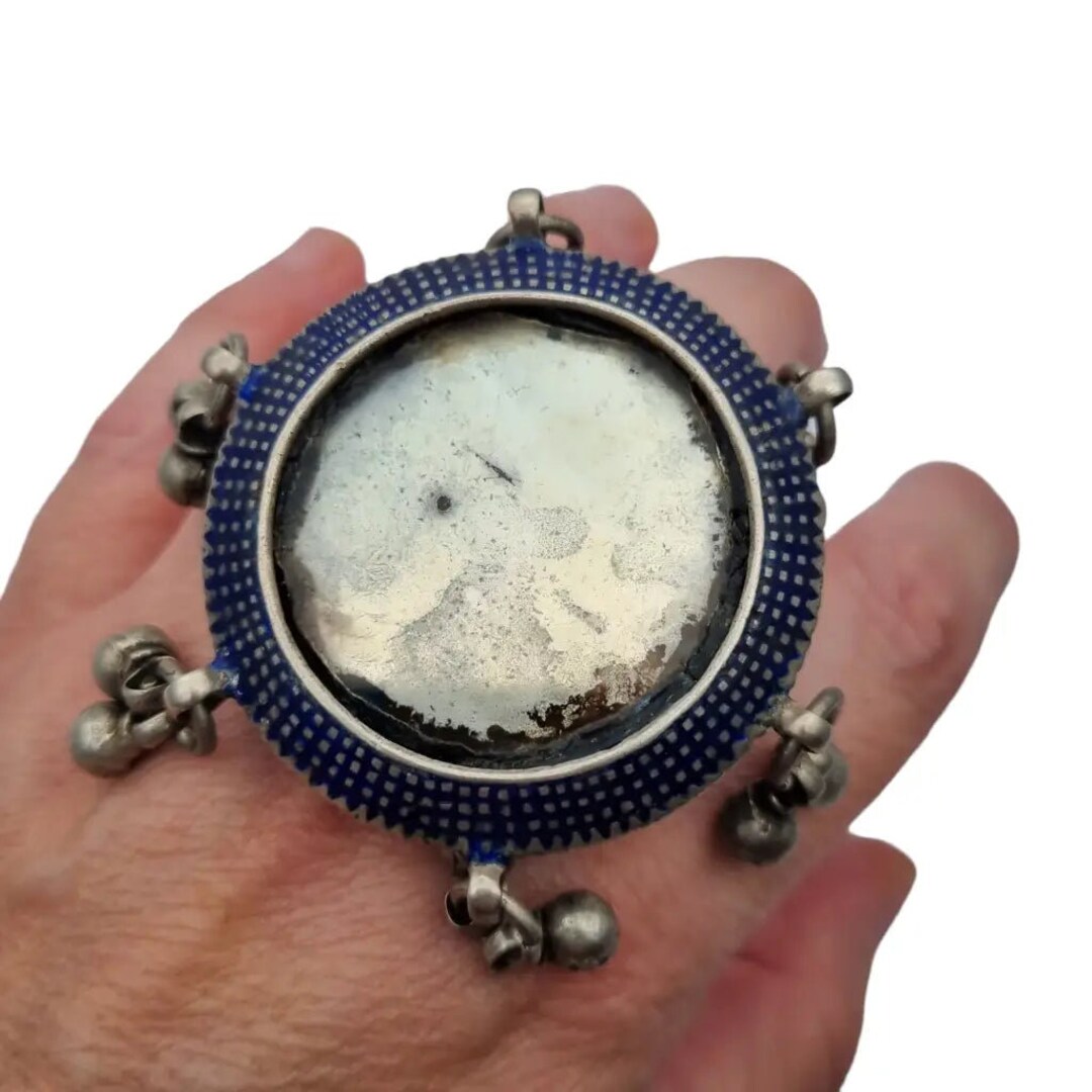 Rare Antique Silver Mirror Ring With Traditional Blue Enamel Art From ...
