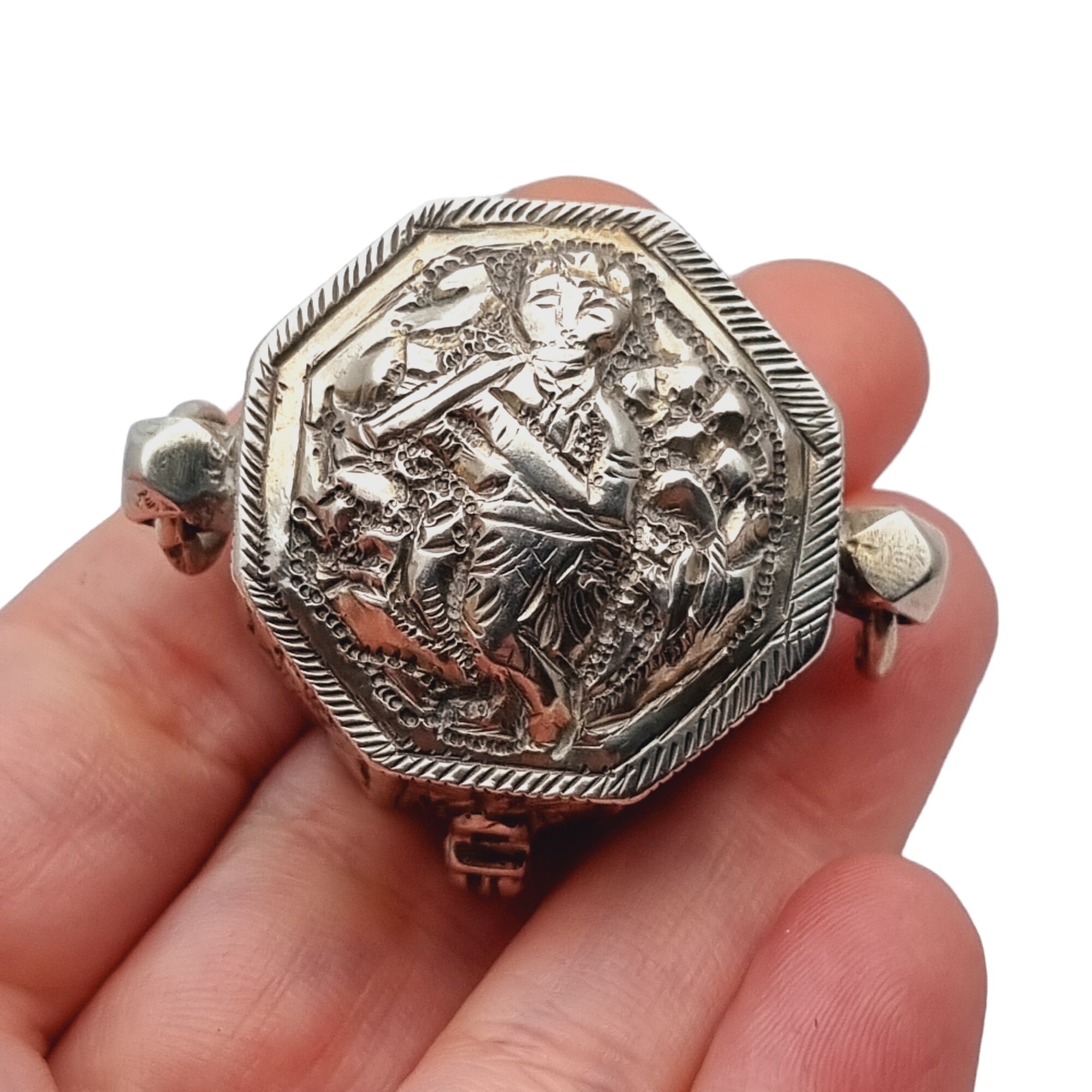 Octagonal Talismanic Amulet in Solid Silver, Embossed, Ethnic Style and ...