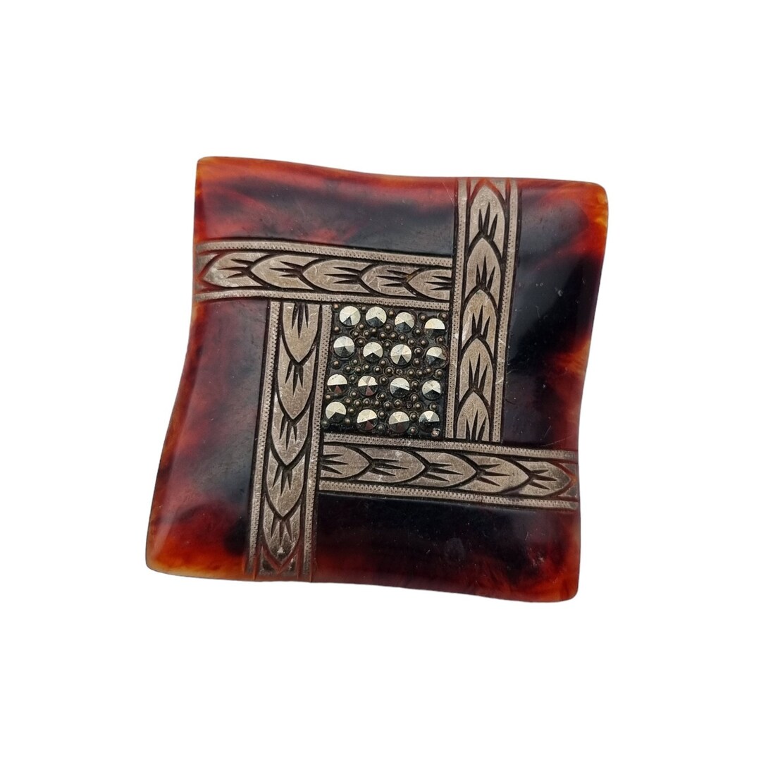 Square Celluloid Brooch for Women, 1950s, Elegant Design in Brown Tone ...