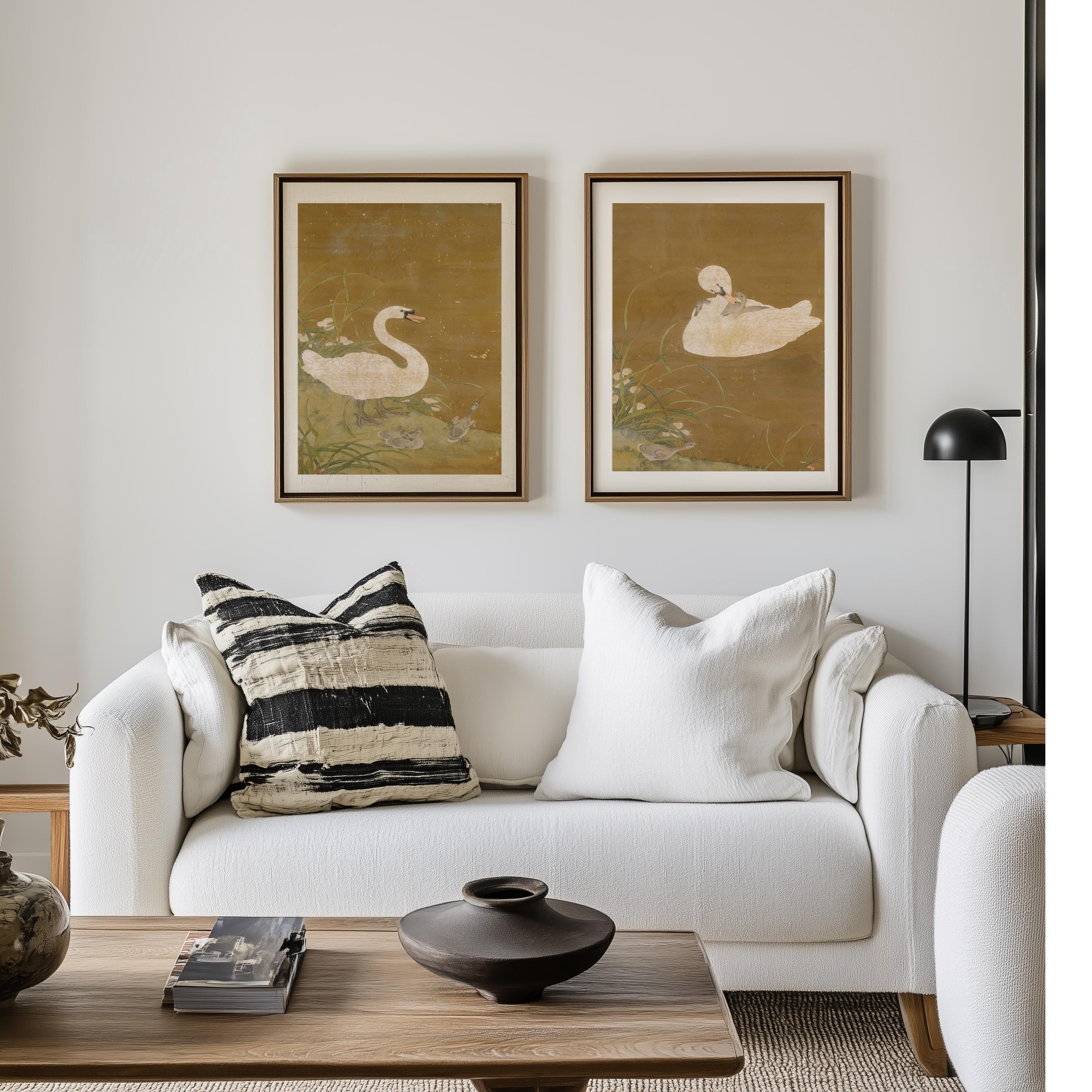 Set of Two Swan Prints, Swan Art, Vintage Chinoiserie Asian Wall Art ...