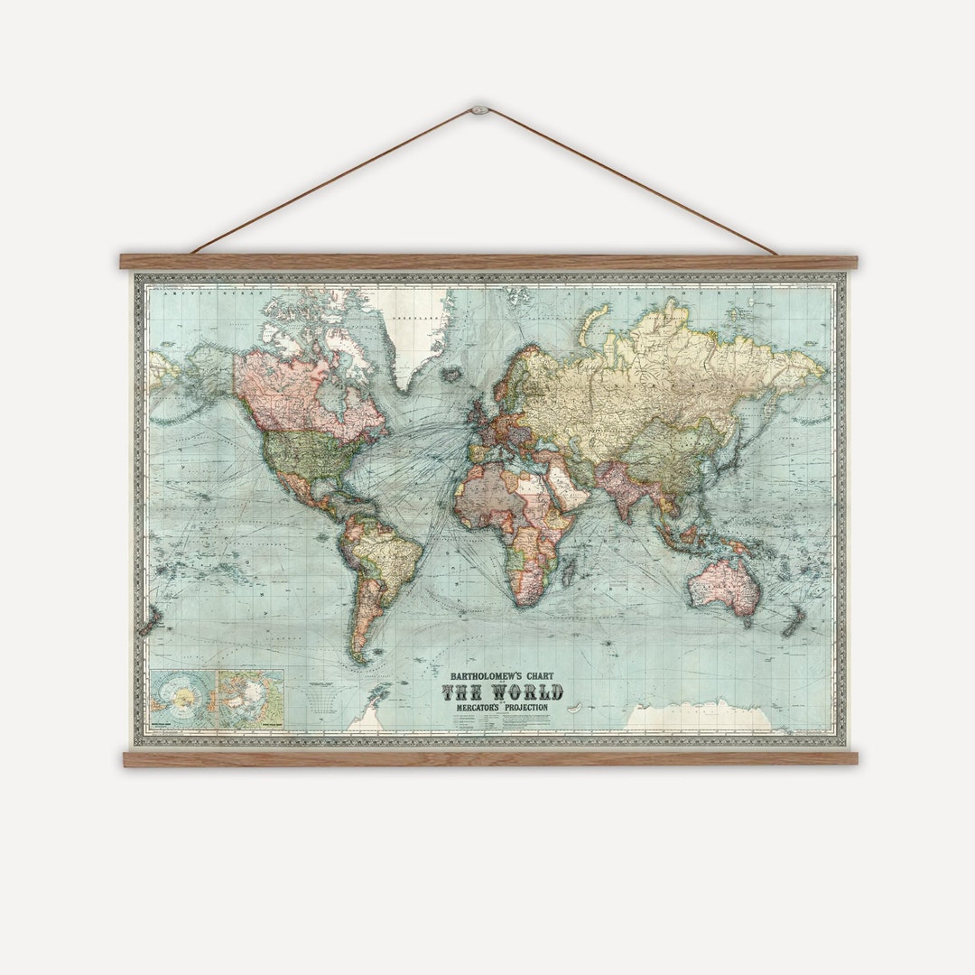 Vintage World Map Wall Hanging, Vintage School Map Wall Chart, Antique ...