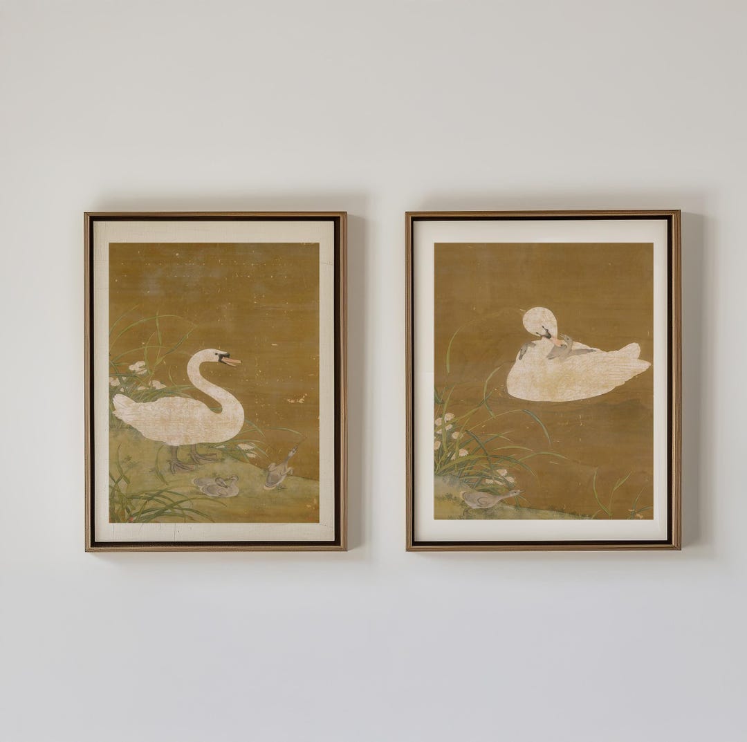Set of Two Swan Prints, Swan Art, Vintage Chinoiserie Asian Wall Art ...
