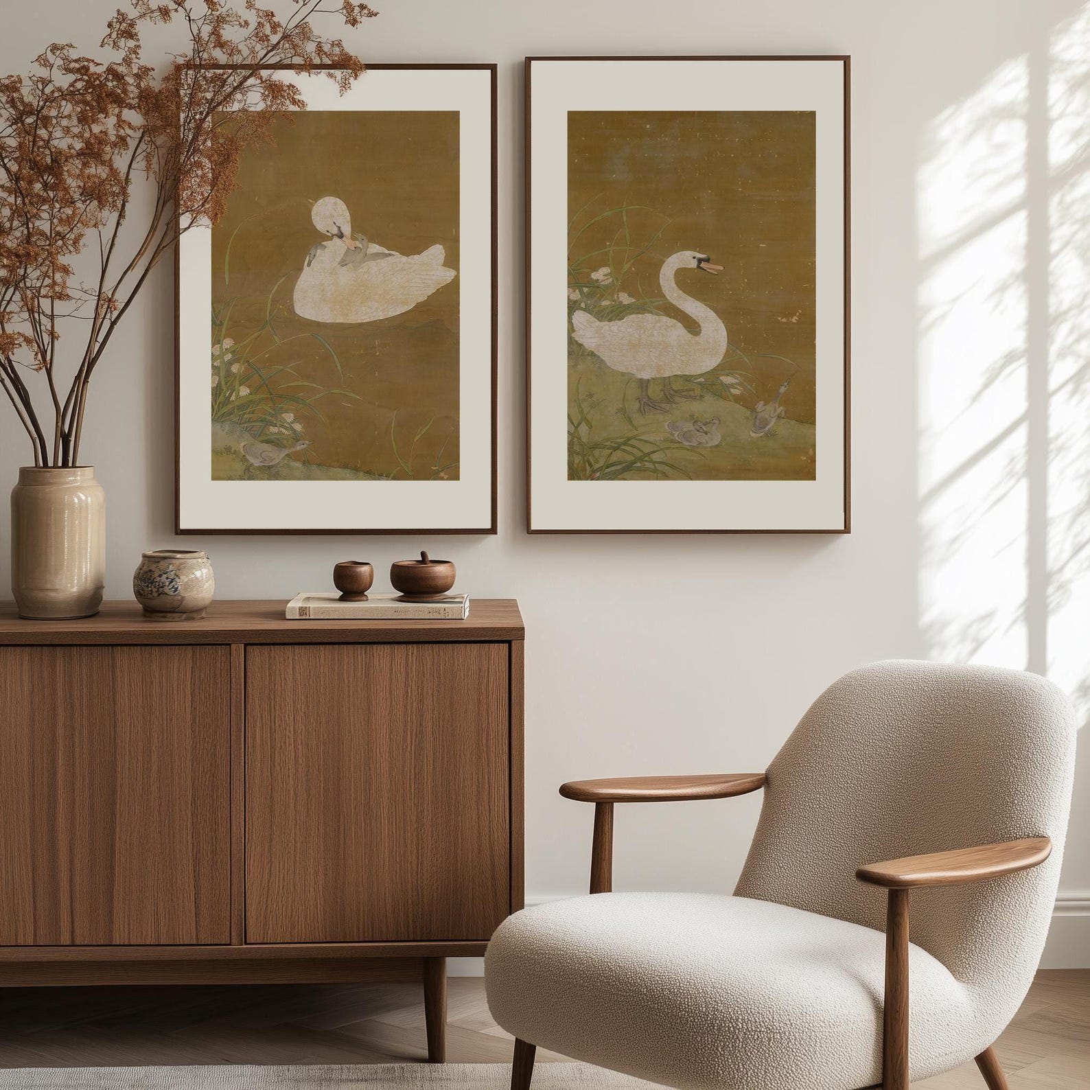 Set of Two Swan Prints, Swan Art, Vintage Chinoiserie Asian Wall Art ...
