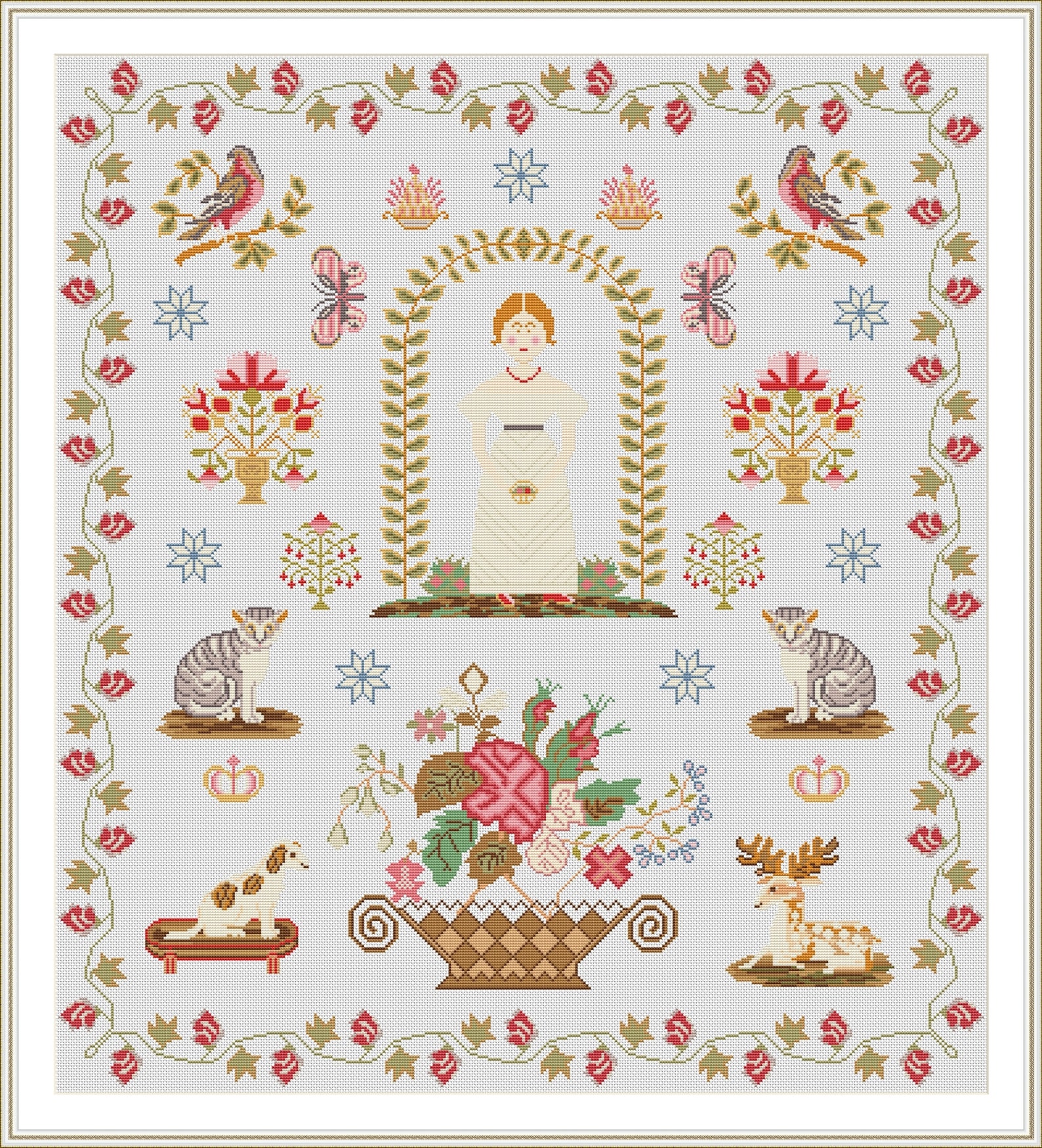 Antique 1834 English Sampler Reproduction Cross Stitch Lady With Cats ...