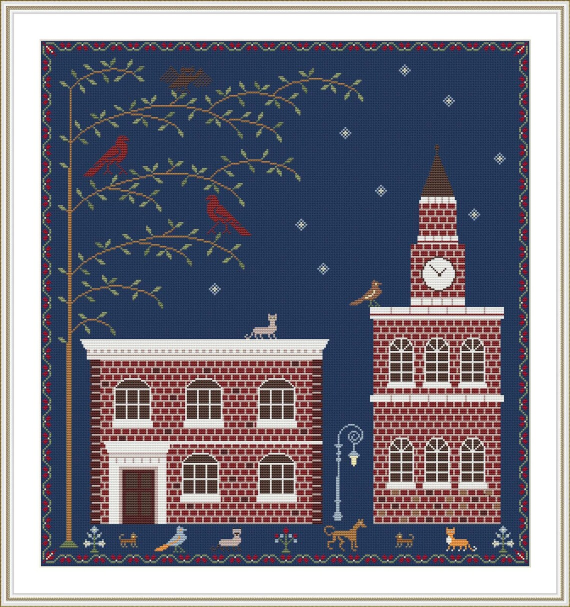 Antique Sampler Reproduction Style English Brick Houses Cross Stitch ...