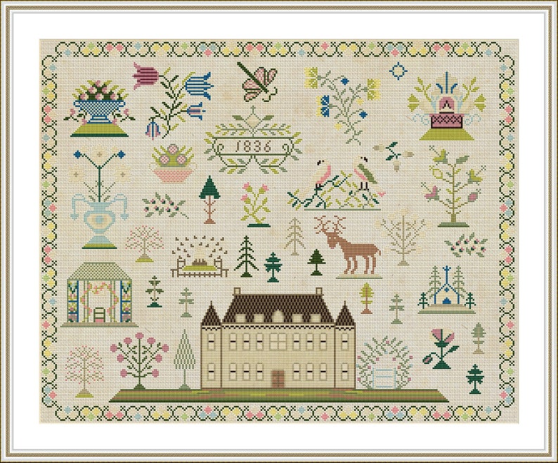Antique 1836 English Sampler Reproduction Cross Stitch Counted Chart ...