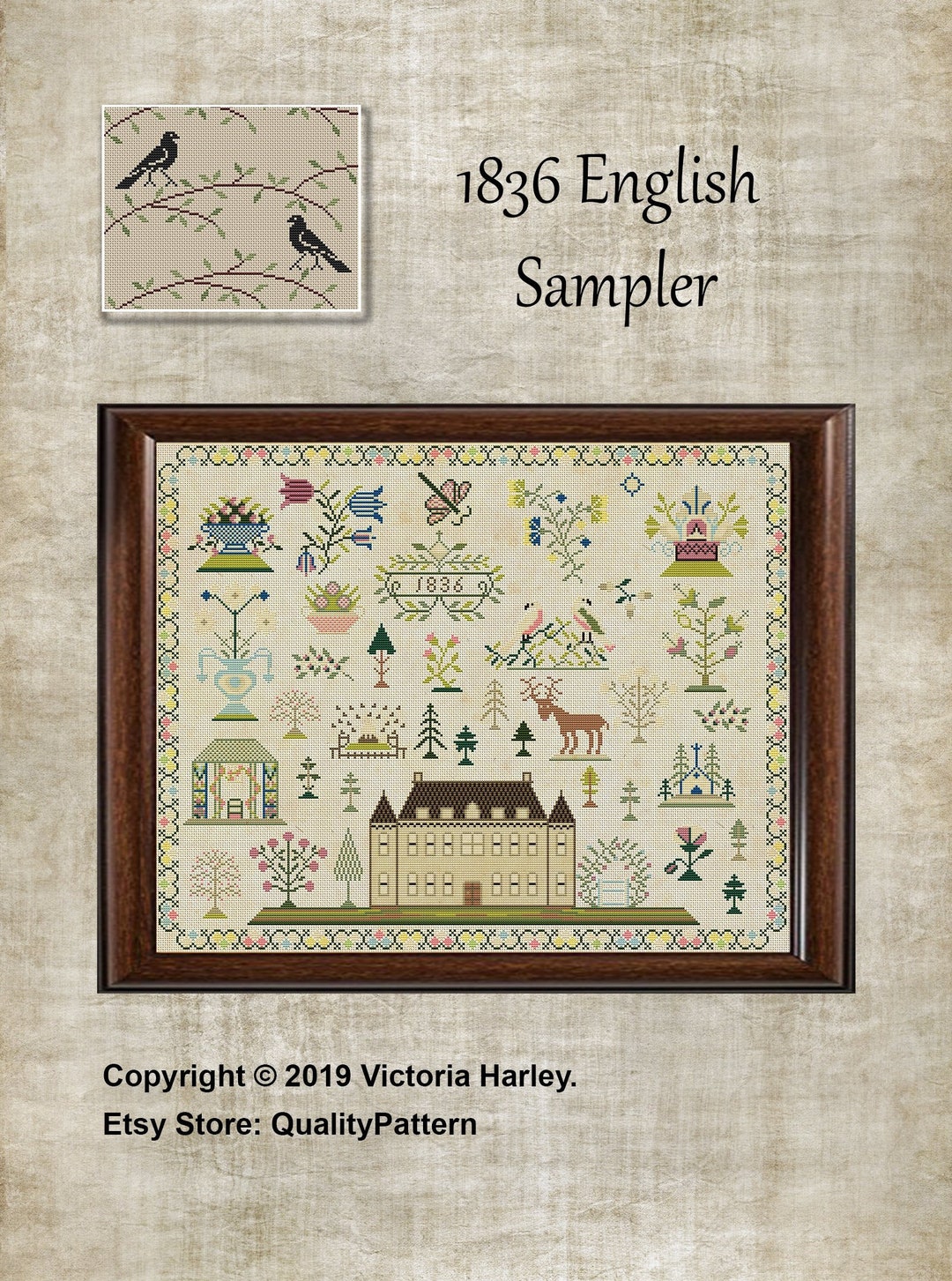 Antique 1836 English Sampler Reproduction Cross Stitch Counted Chart ...