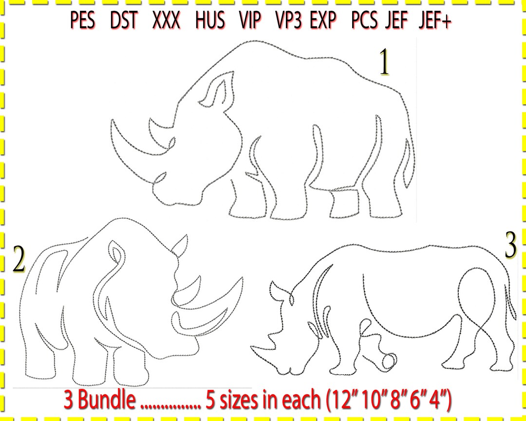 Rhino One Line Art Embroidery Design – Machine Embroidery File Bundle ...