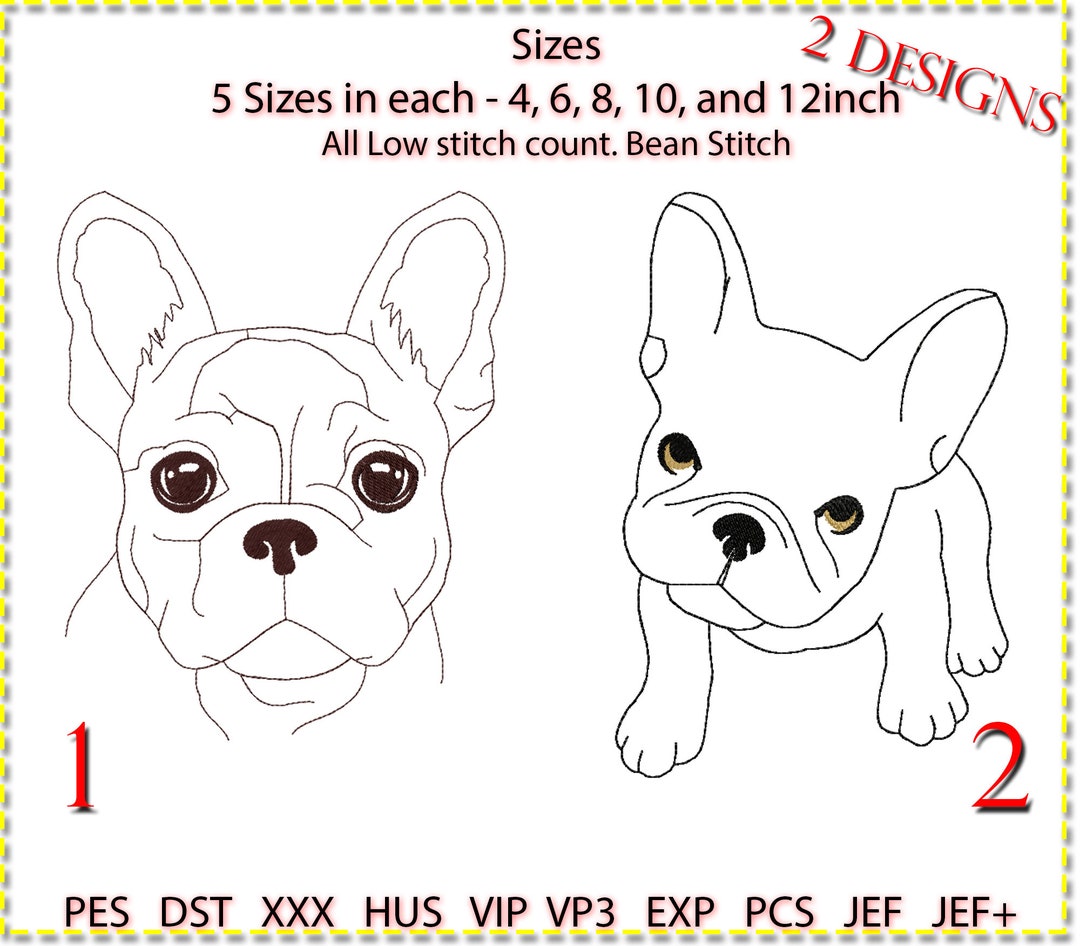 French Bulldog Embroidery Design: Frenchie Pair, Low Stitch (machine ...