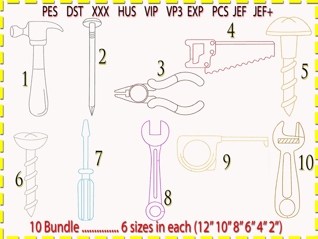 Tools Line Art Embroidery Designs: Low Stitch Count (6 Sizes) - Etsy