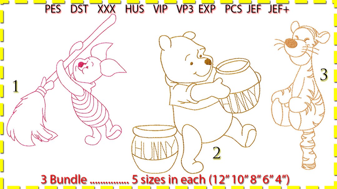 Pooh, Piglet, Tigger Outline Embroidery Design: Low Stitch (digital ...