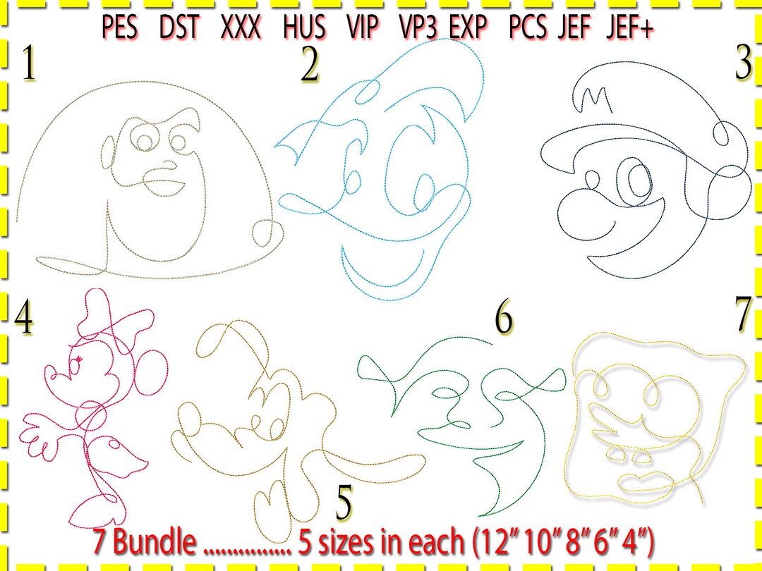 Character Line Art Bundle (x7 Each in Five Sizes) Embroidery Design ...