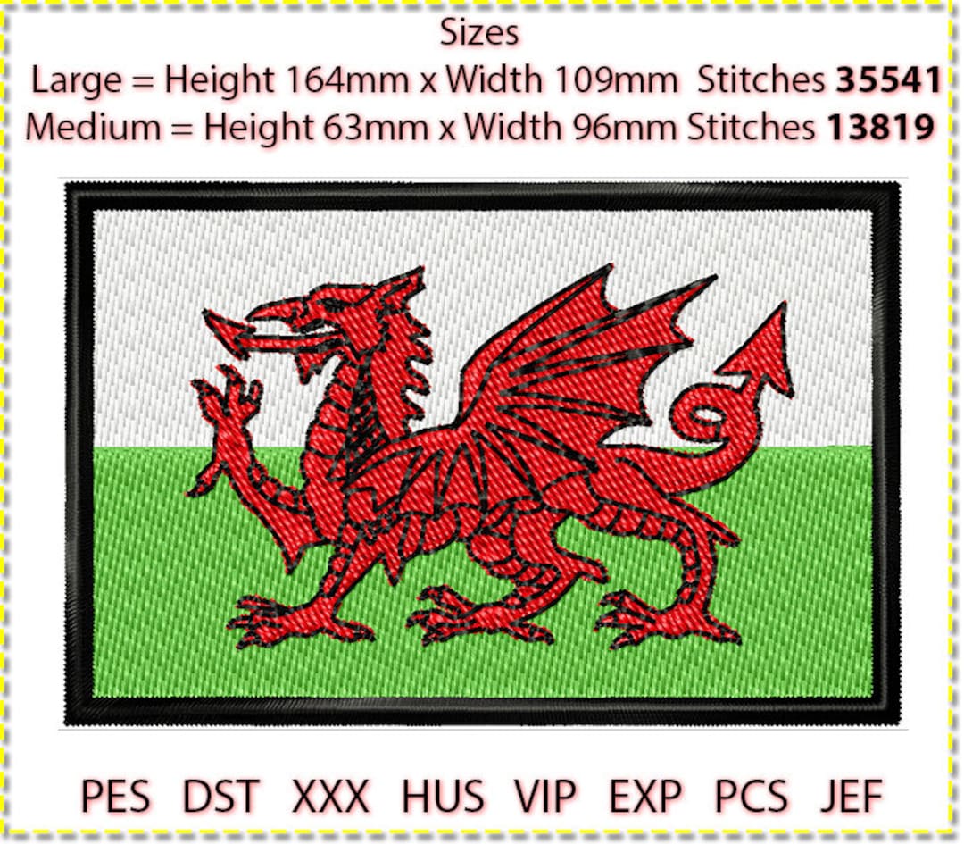 Wales Flag Embroidery Design, Motto Machine Embroidery, 4 Colour. Welsh ...
