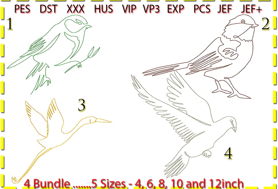 Bird Line Art Embroidery Design Bundle: 4 Designs, 5 Sizes (machine ...
