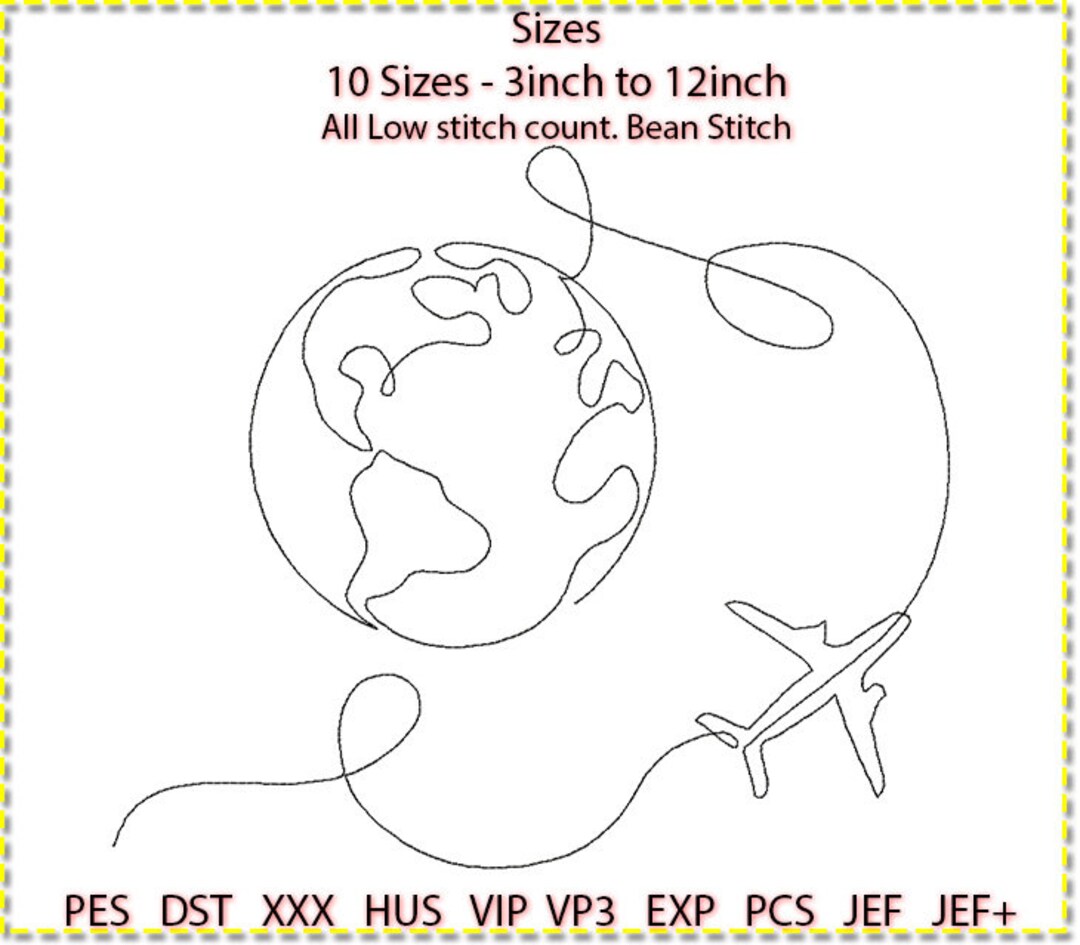 Airplane Around World Embroidery Design: Line Art (3-12 Inch) - Etsy