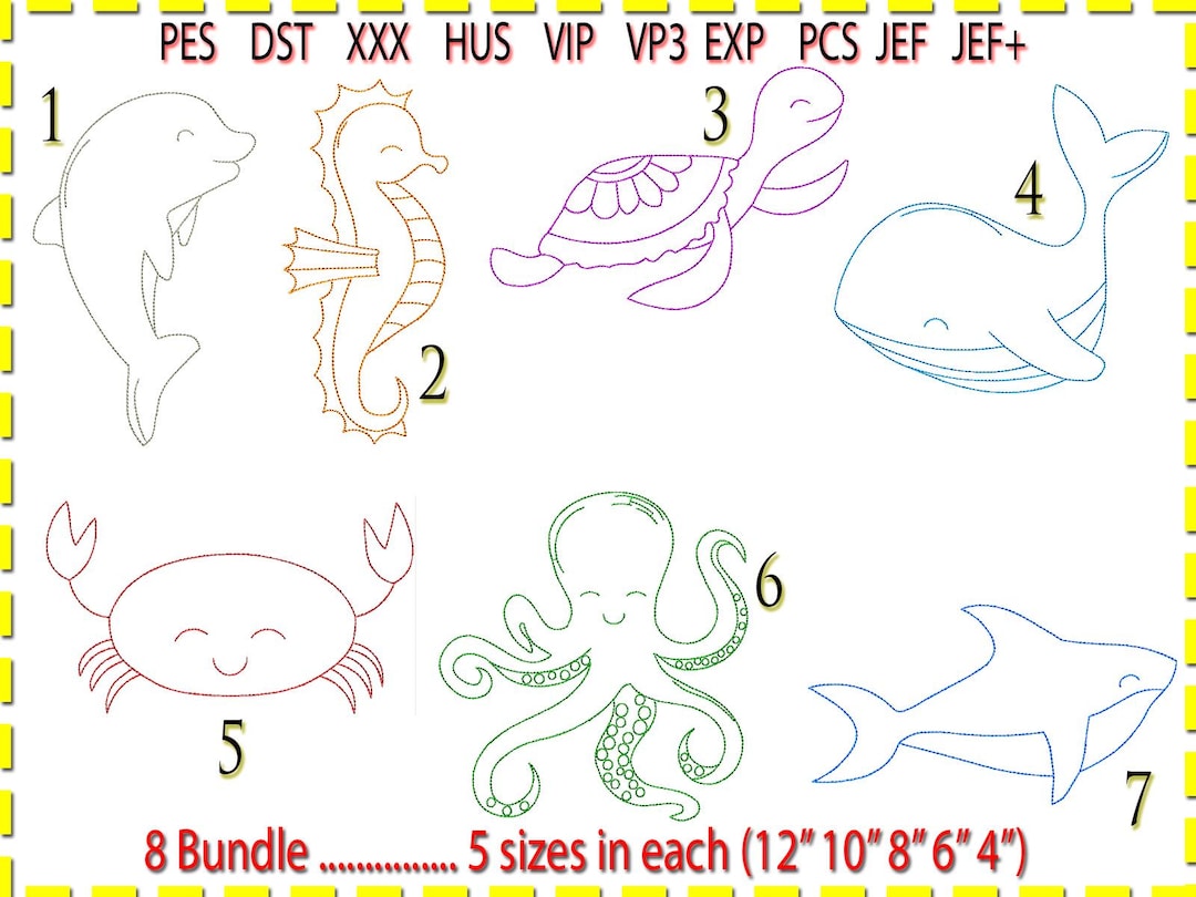 Sea Life Line Art Embroidery Designs, Low Stitch (downloadable) - Etsy