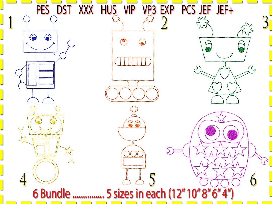 Robots Line Art Embroidery Design Bundle (digital Download - Etsy