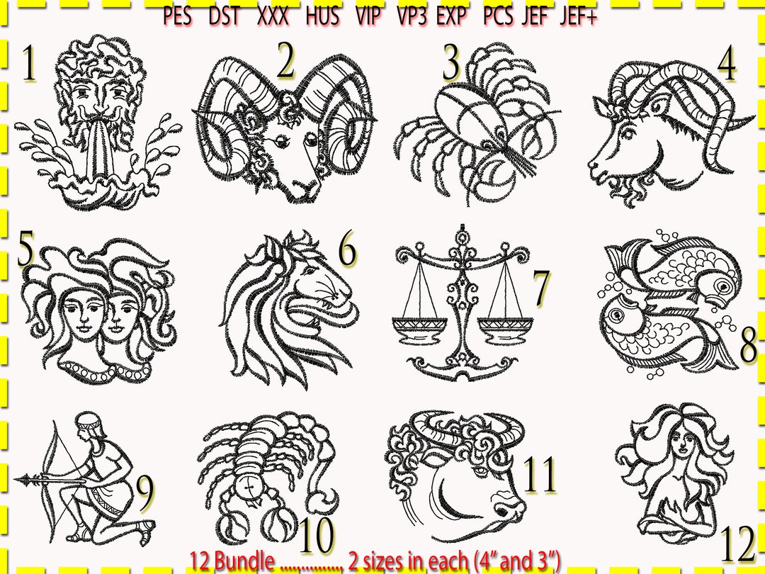 Zodiac Emblem Bundle X 12 Embroidery Design, Machine Embroidery, 1 ...