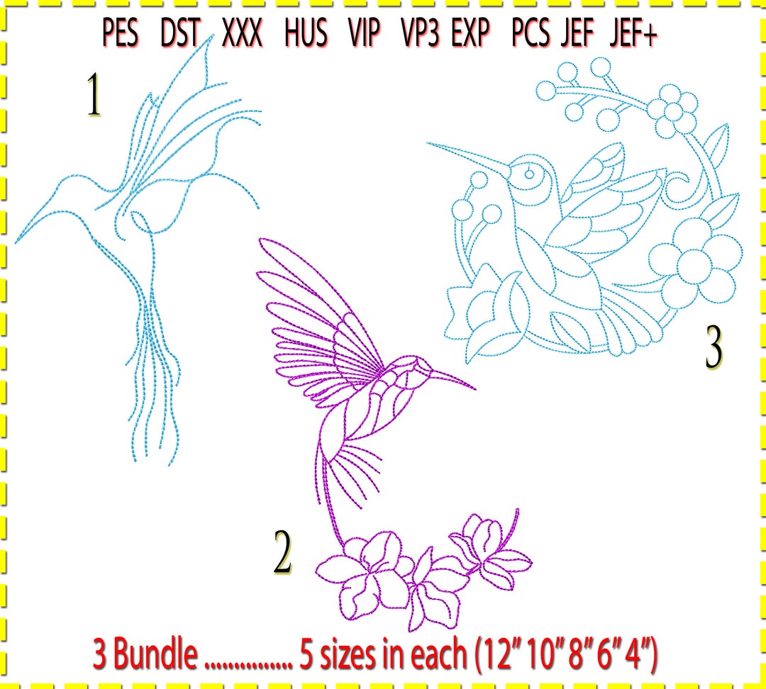Hummingbird One Line Art Embroidery Design Bundle (3 Designs, 5 Sizes ...