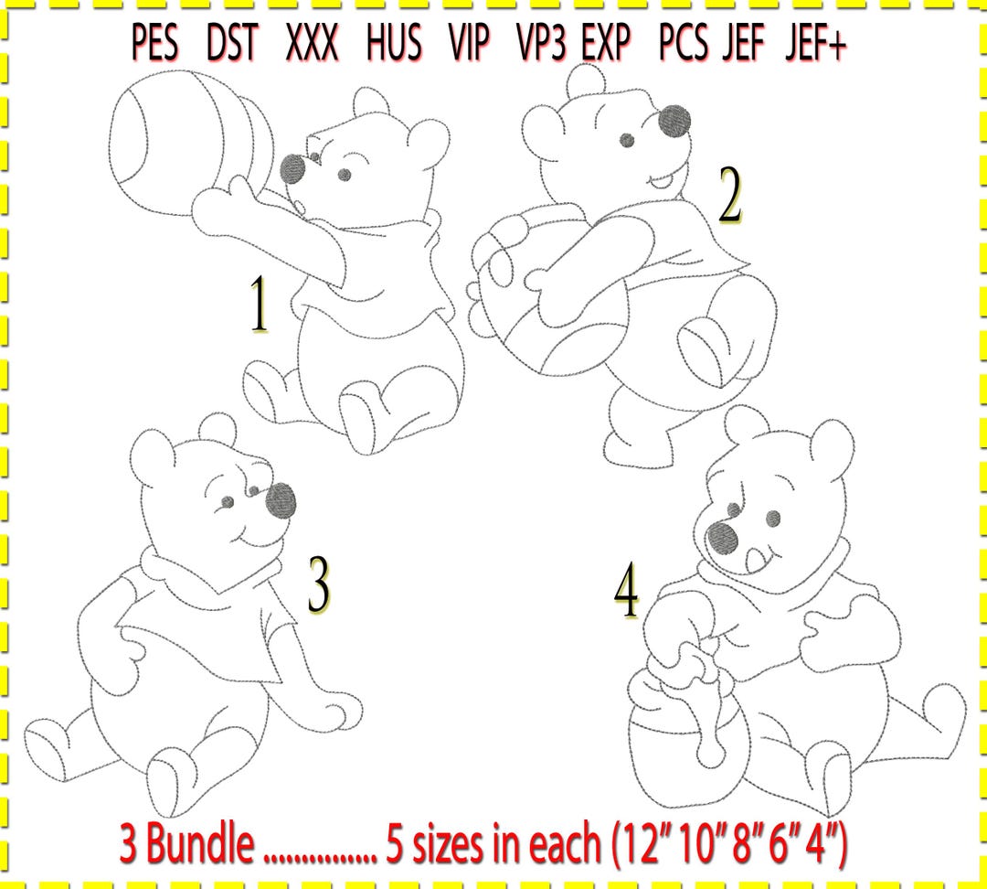 Pooh Outline Embroidery Design: Low Stitch Bundle (machine Embroidery ...