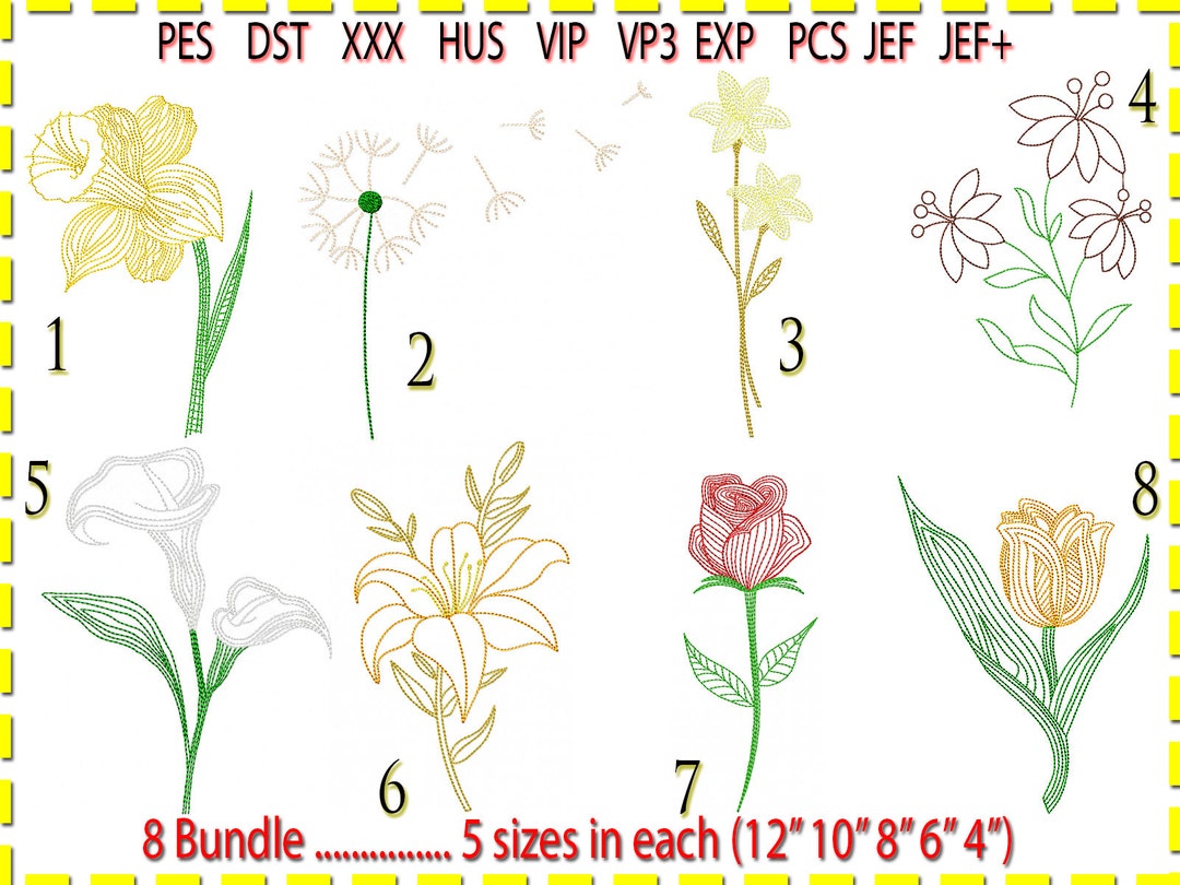 Flower Bundle (x8 Each in Five Sizes) Embroidery Design, Machine ...