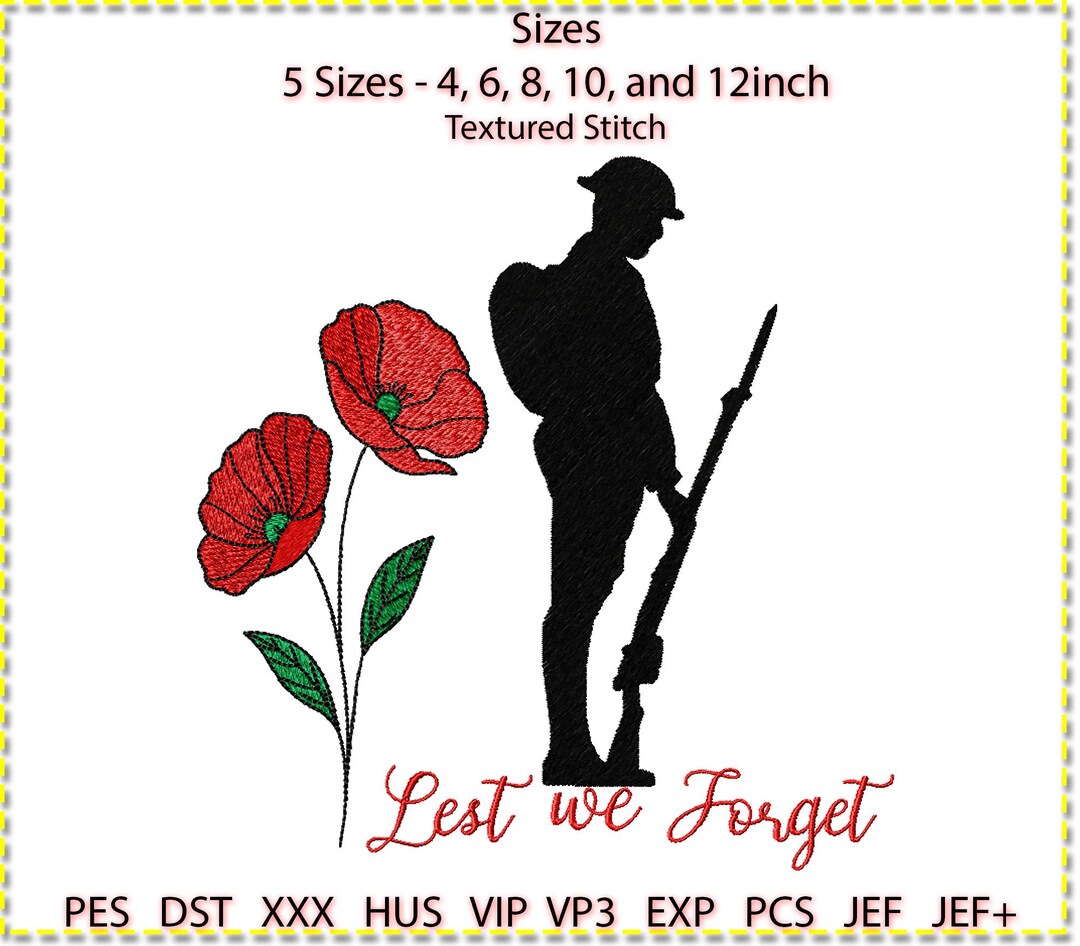 Remembrance Emblem Machine Embroidery, Line Art. 3 Colour. Textured ...