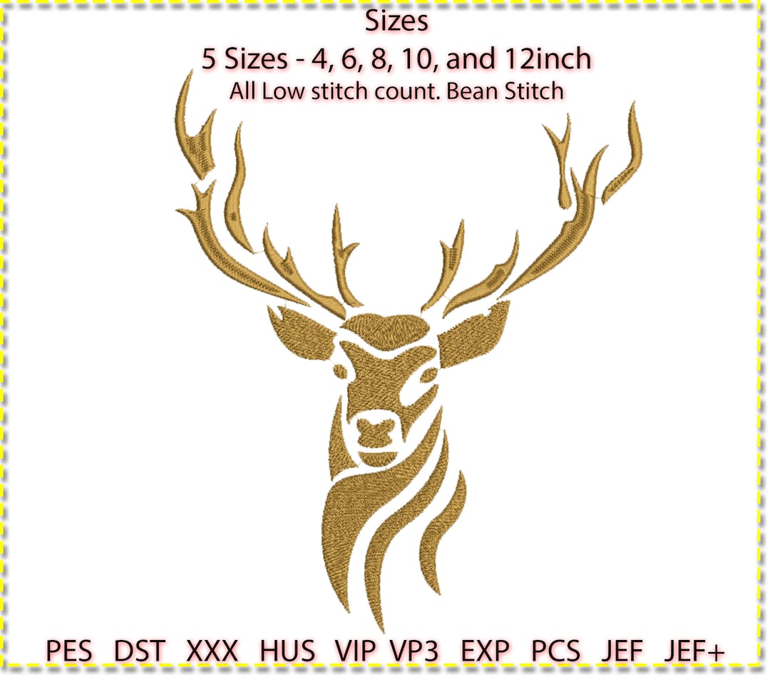 Stag Embroidery Design, Machine Embroidery, 5 Sizes. 1 Colour Line Art ...