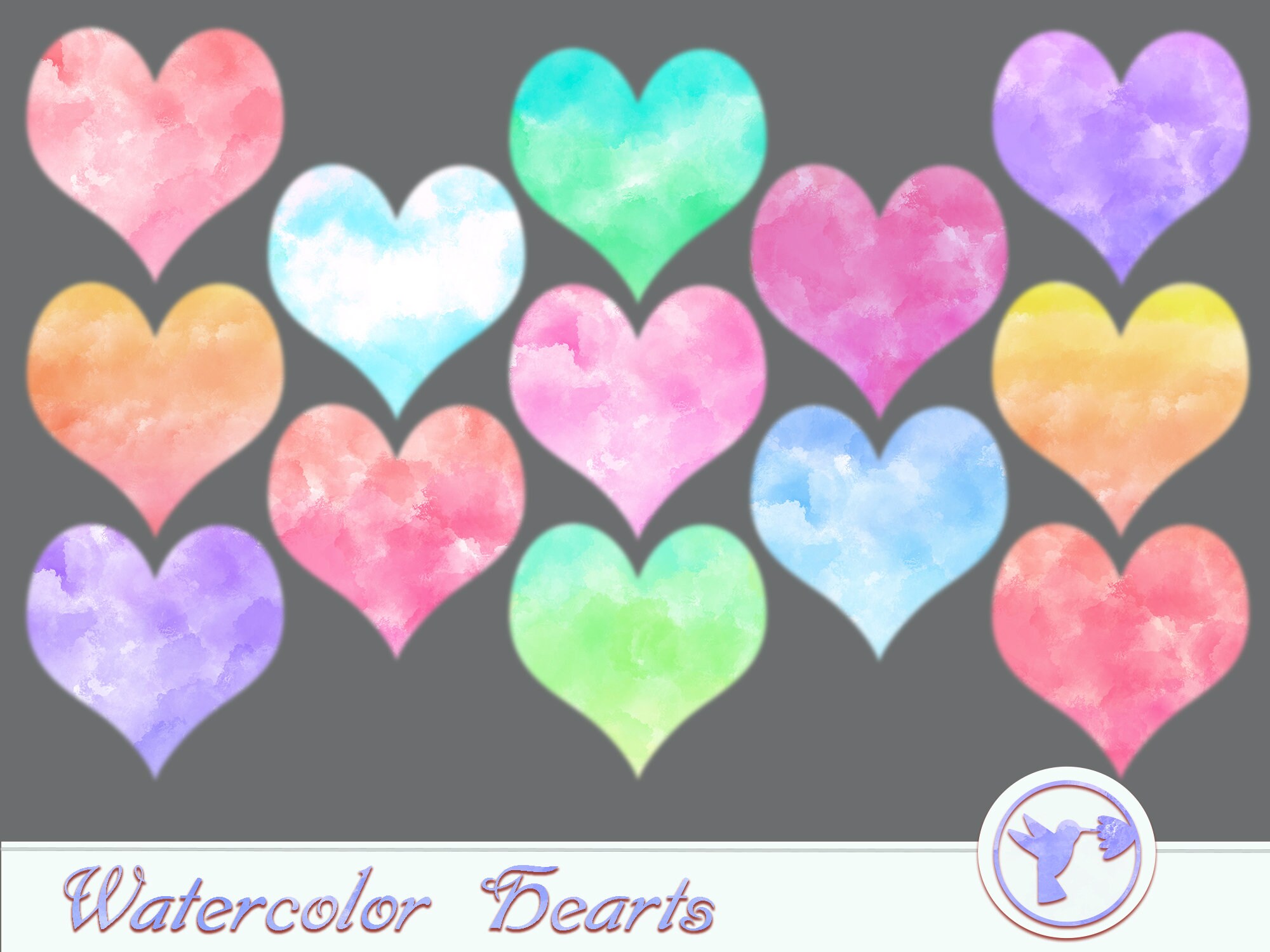 Watercolor Heart Clipart, 13 Png Valentine Clipart Hearts in Rainbow of ...
