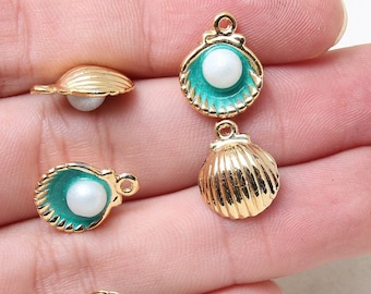 12x16mm 24k Shiny Gold Plated Sea Shell With Pearl Charm, Gold Oyster ...