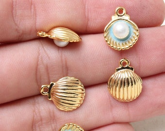 12x16mm 24k Shiny Gold Plated Sea Shell With Pearl Charm, Gold Oyster ...