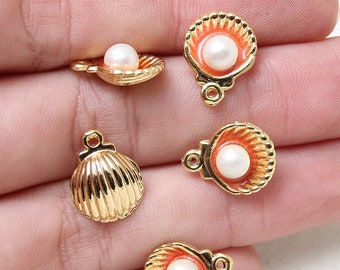 12x16mm 24k Shiny Gold Plated Sea Shell With Pearl Charm, Gold Oyster ...