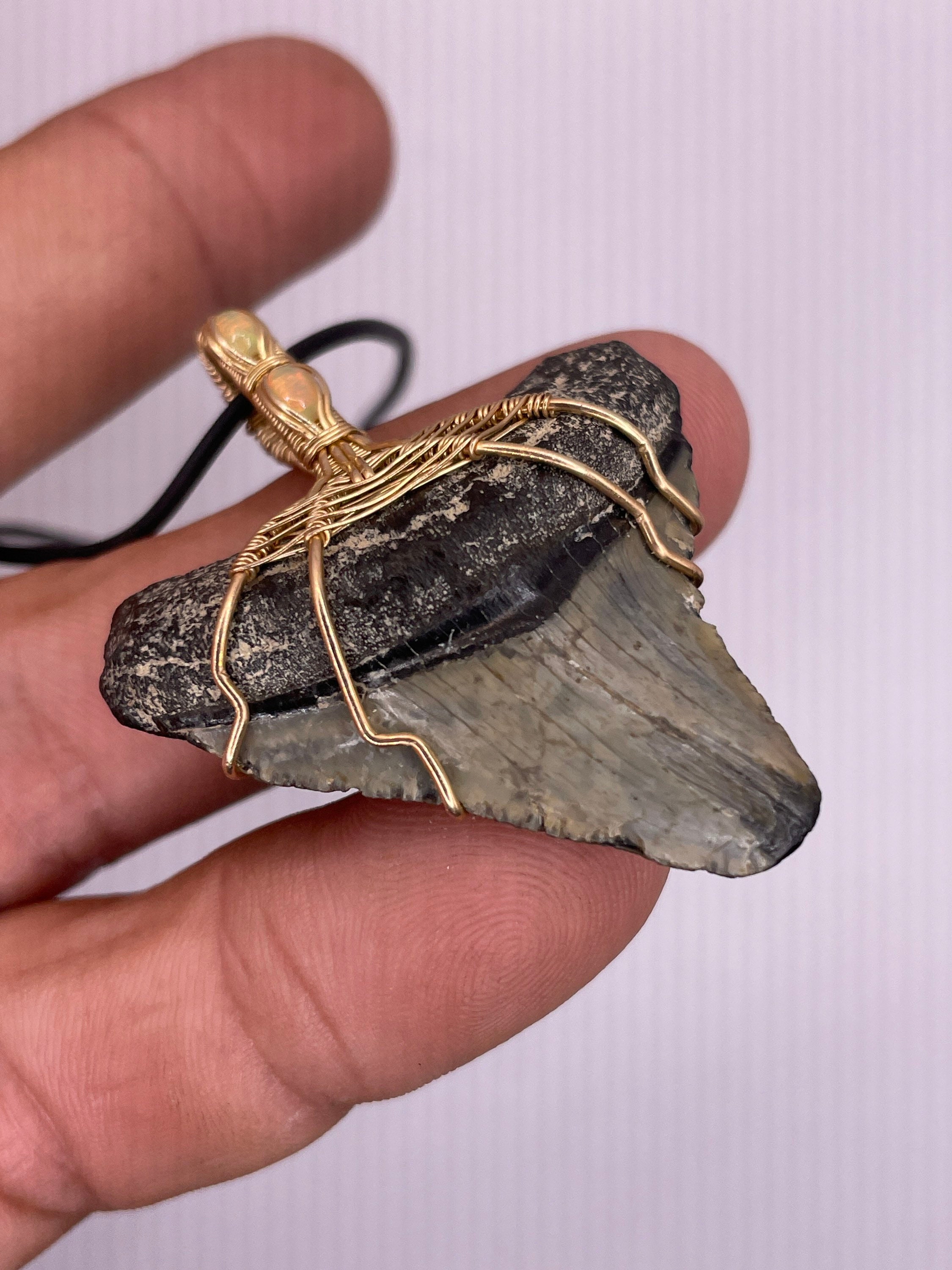 Megalodon Shark Tooth Fossil Necklace Pendant With Opals Wire Wrapped ...