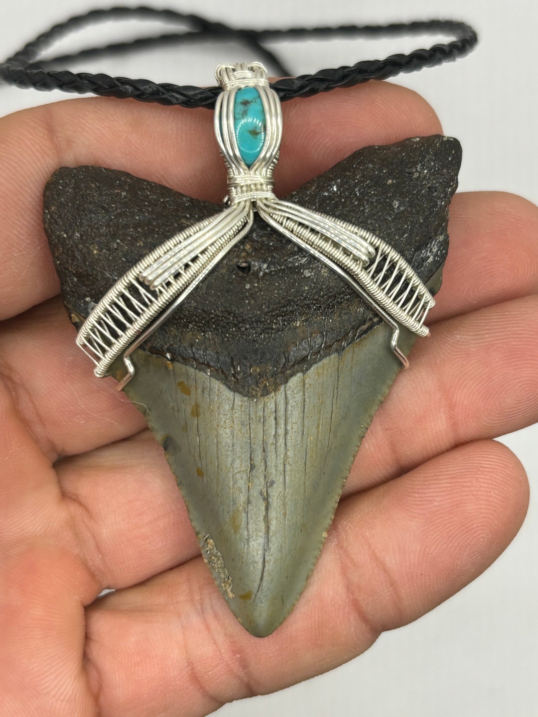 Big Megalodon Shark Tooth Fossil Necklace Pendant Wire Wrapped in ...