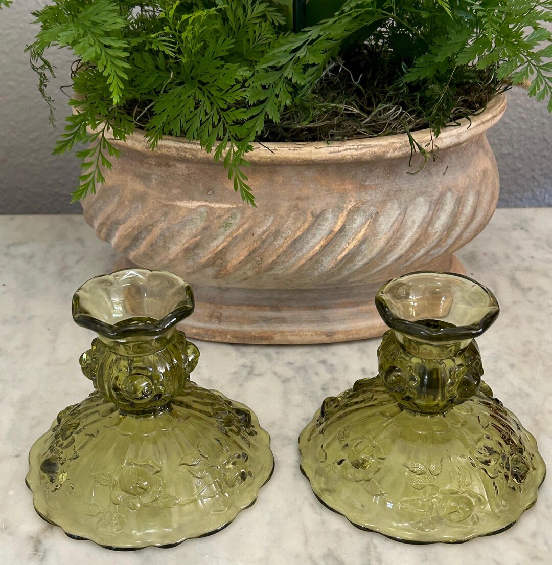 Vintage Fenton Candlestick Candle Holder Green Cabbage Glass Set - Etsy