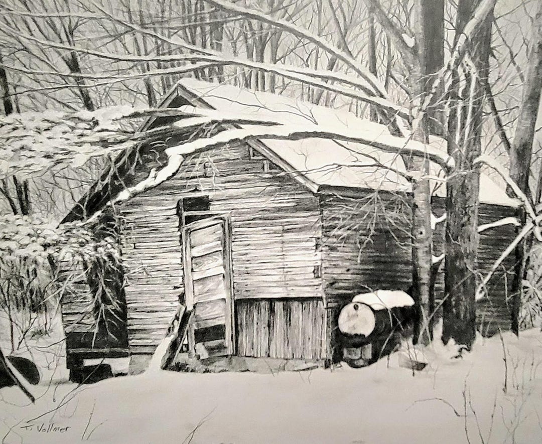 Original Graphite Pencil Drawing Snow Covered Rustic Cabin in Woods - Etsy