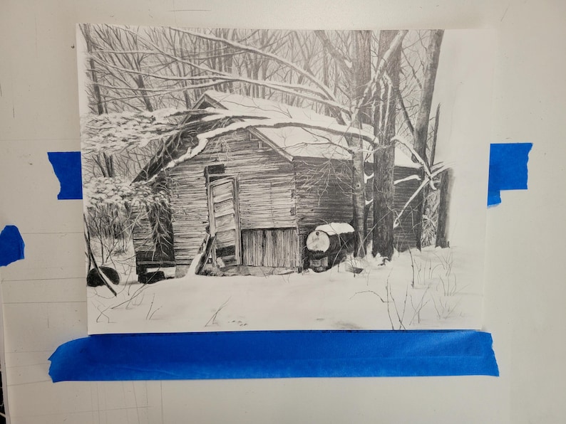 Original Graphite Pencil Drawing Snow Covered Rustic Cabin in Woods - Etsy