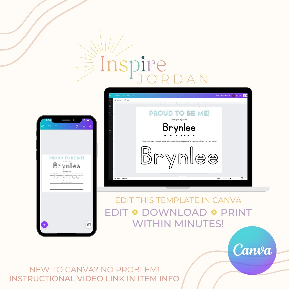 EDITABLE CANVA Printable Kids Name Practice Template | Customizable ...