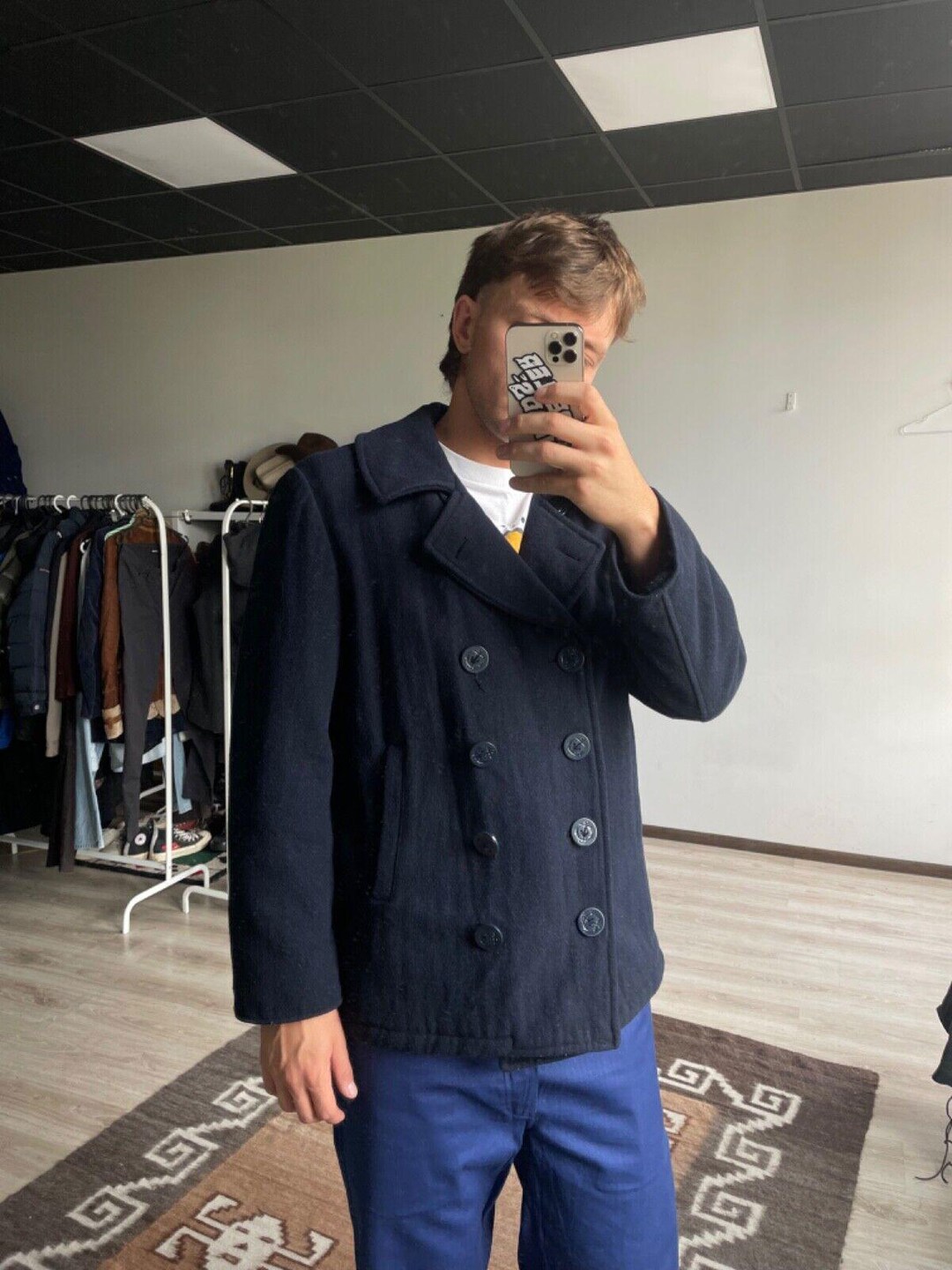 Alpha Industries Men's Double Breasted Navy Blue Blue Pea Coat Size M ...