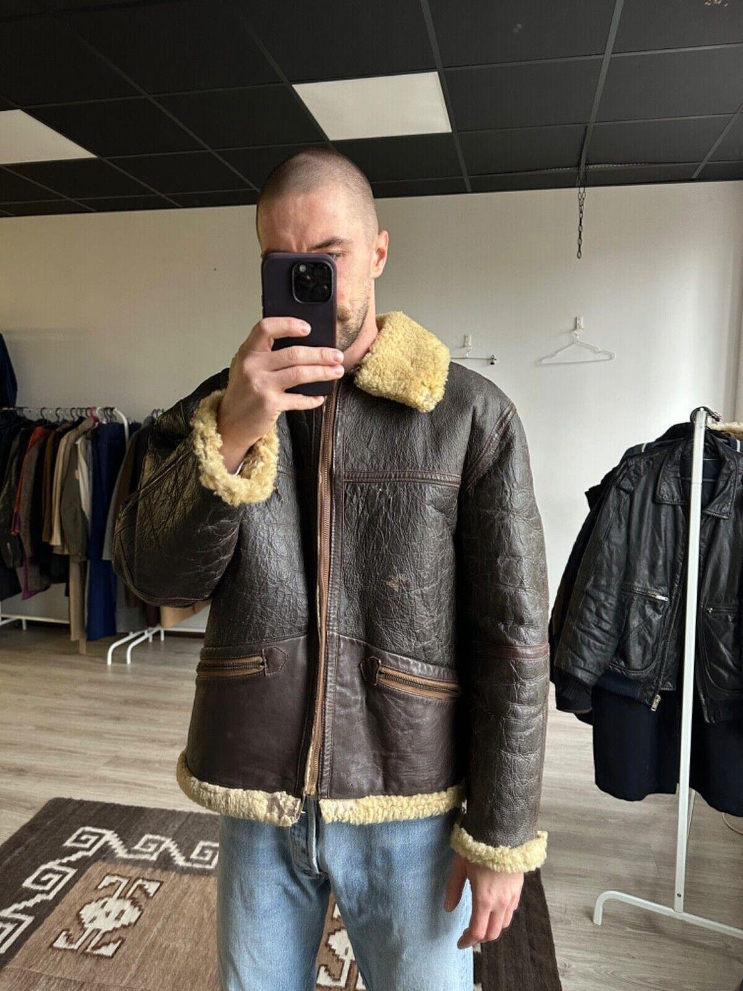 Vintage B-3 Sheepskin Shearling Military Elless Zip Aviator Jacket Size ...