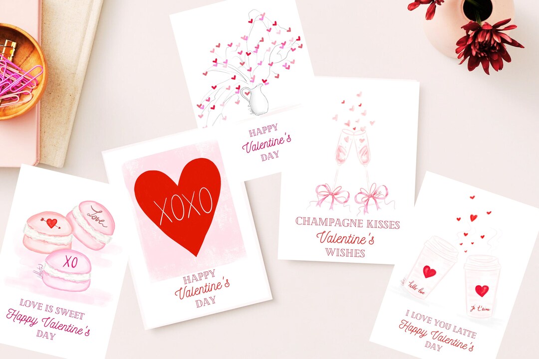 Set of 5 PRINTABLE Downloadable Valentine Flat Cards Valentine's Day ...