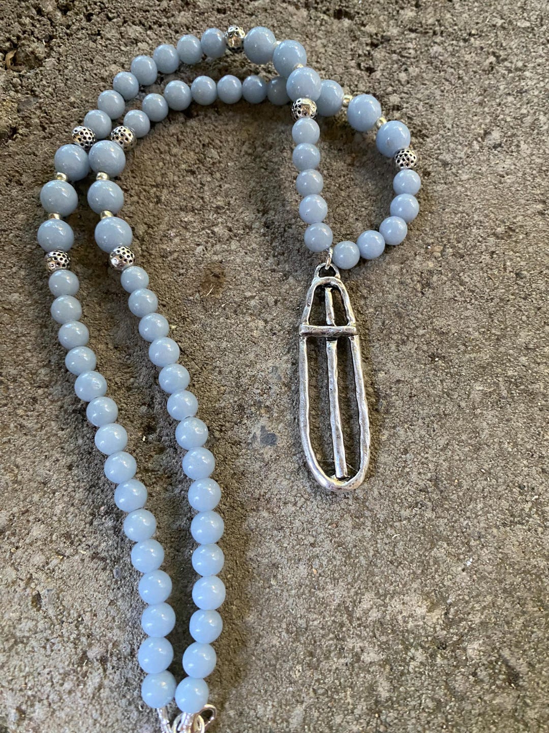 Rustic Cross Pendant Hung From a Strand of Angelite Beads With Silver ...