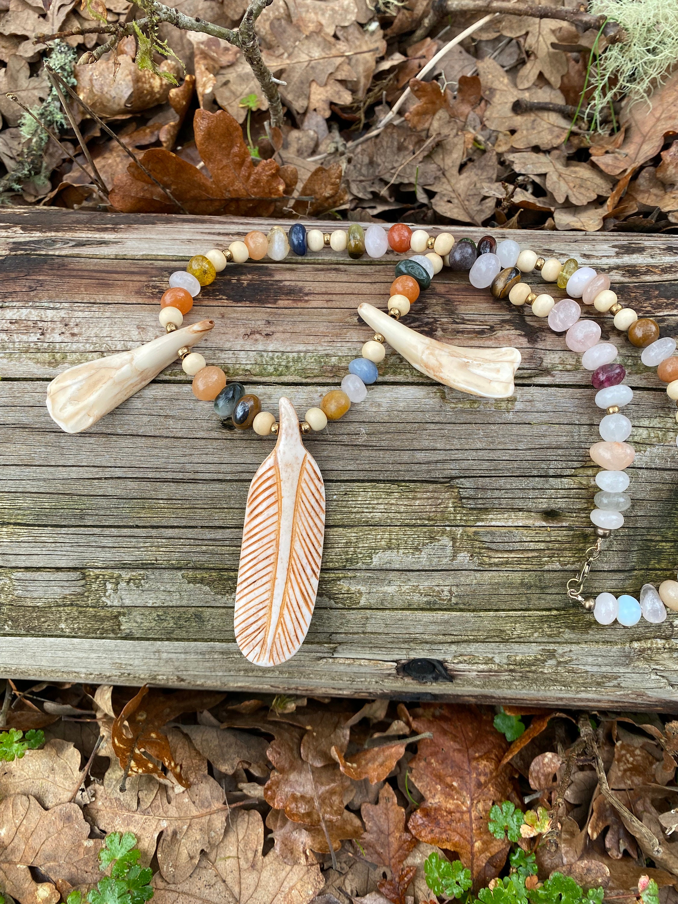 Bison Teeth and Bone Carved Feather Hanging on Strand of Mixed Gemstone ...
