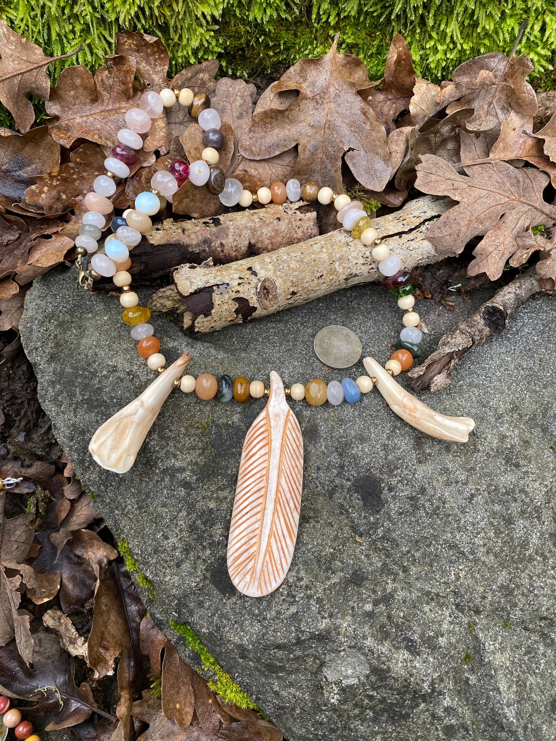Bison Teeth and Bone Carved Feather Hanging on Strand of Mixed Gemstone ...