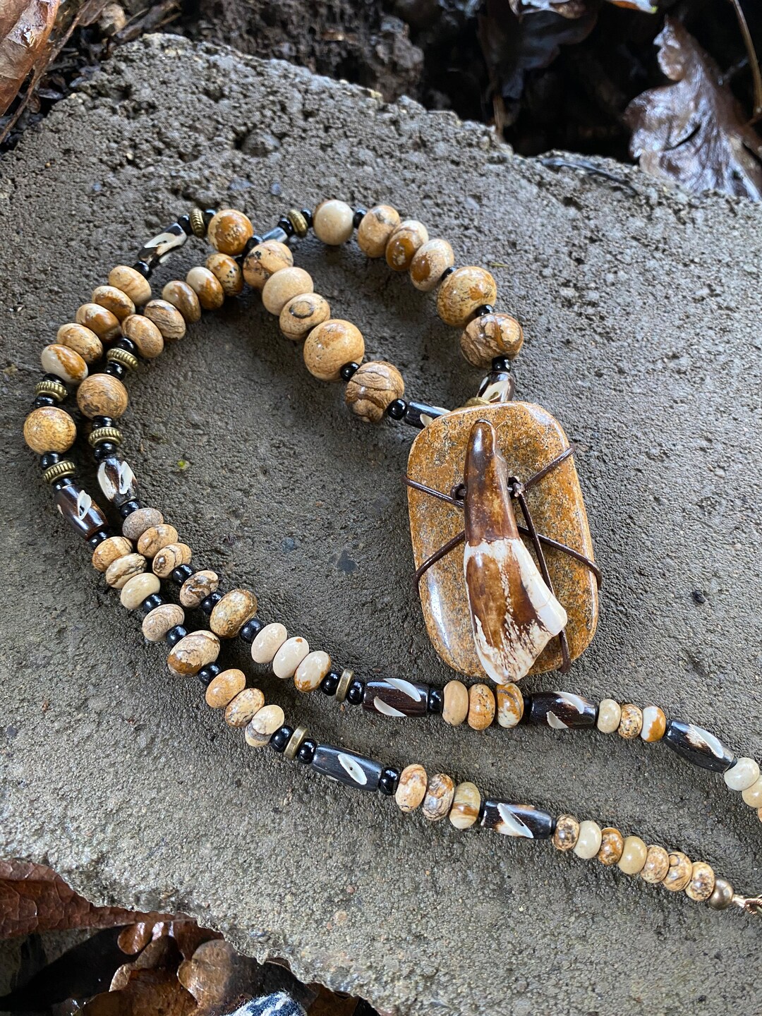 Picture Jasper With Bison Tooth Pendant Hung From a Strand of Picture ...