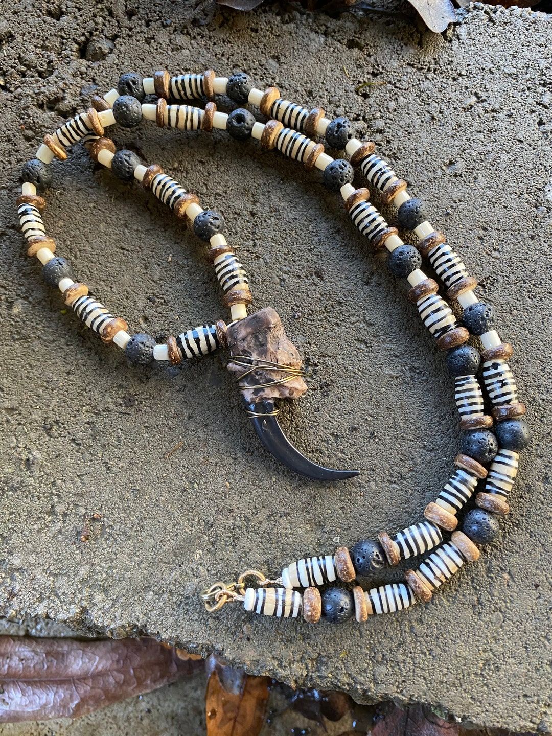 Golden Eagle Claw Pendant Necklace: Bone, Wood & Lava Stone Beads - Etsy