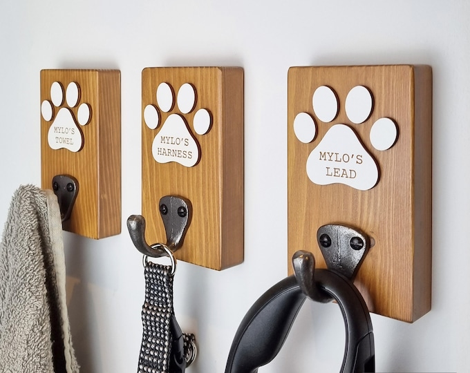 Personalised Dog Lead Hanger/ Hook Custom Dog Lead Holder Paw Print ...